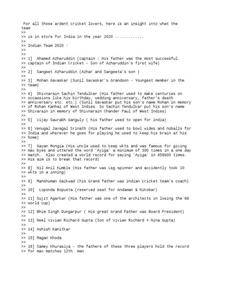 2020 Indian Cricket Team ( - GOLDENSHARK - ) | PDF | Cricket ...