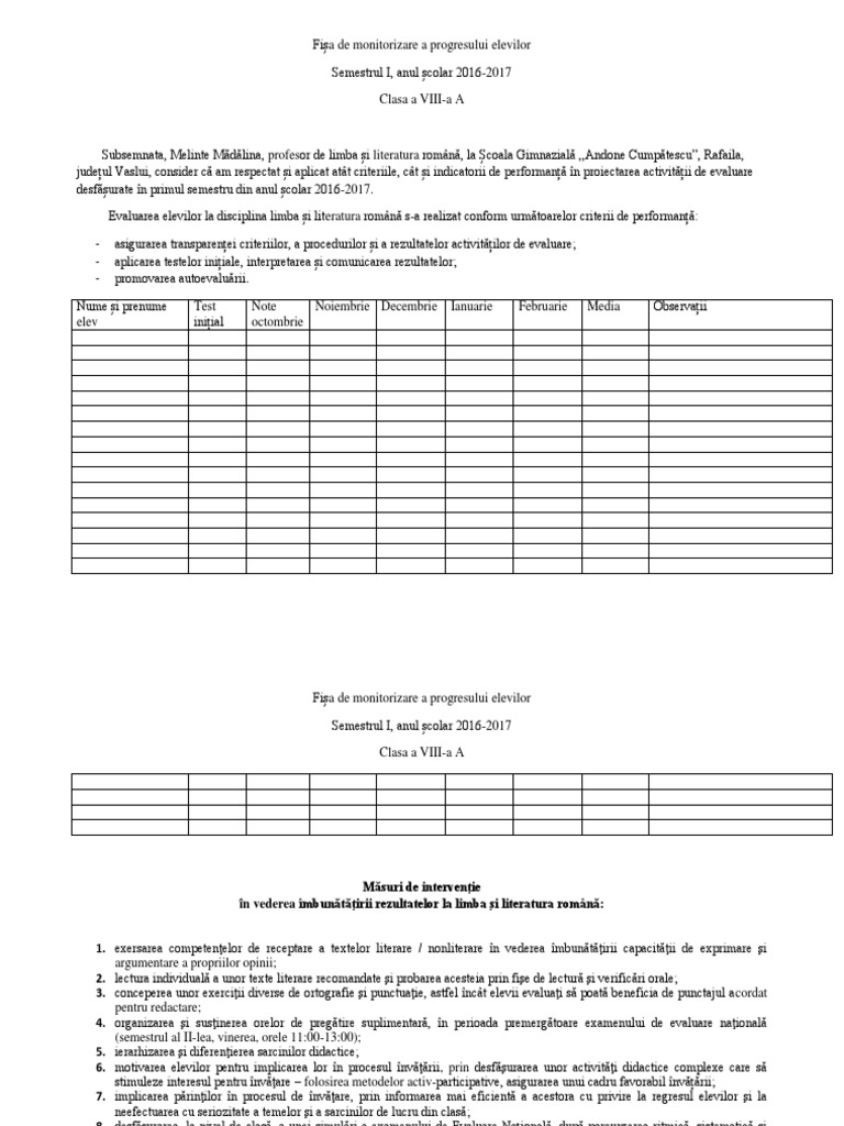 Raport de Progres Școlar | PDF