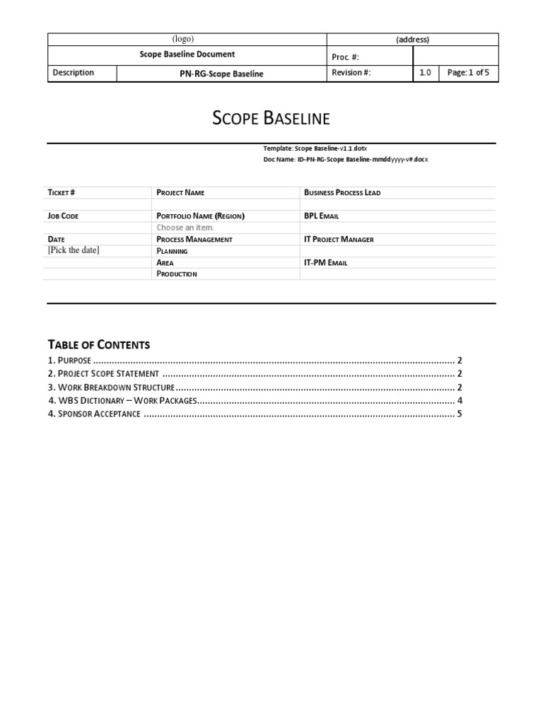 Scope Baseline Template | Business | Information Technology Management