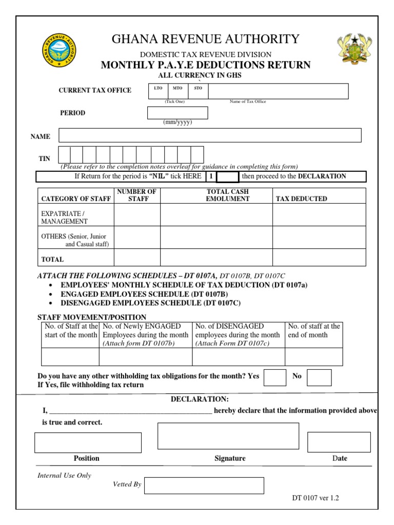 DT 0107 Monthly Paye Deductions Return Form v1 2 PDF | PDF | Taxation ...