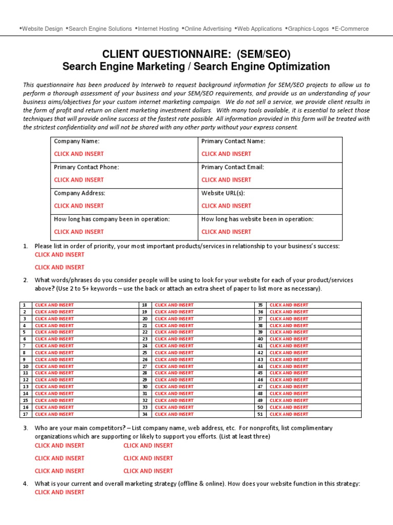 Client Questionnaire SEO, PPC | Search Engine Marketing | Search Engine ...