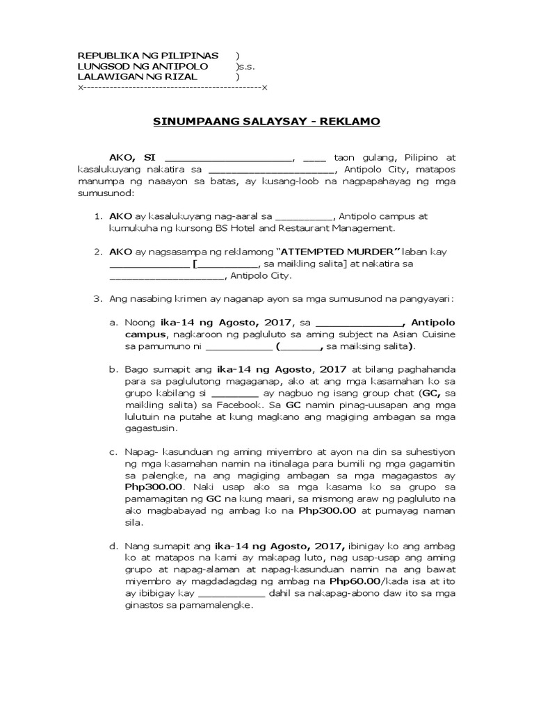 Sinumpaang Salaysay Reklamo - Attempted Murder | PDF