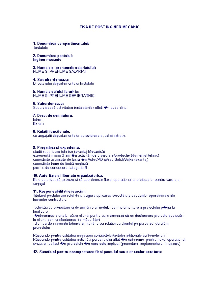 Fisa de Post Inginer Mecanic