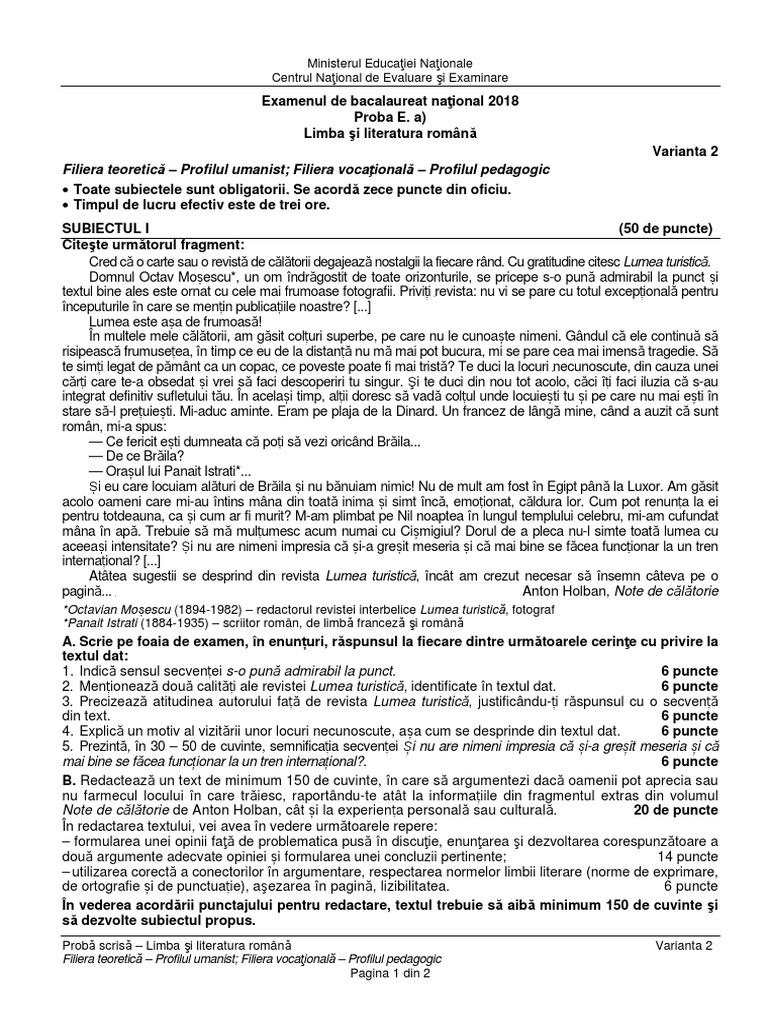 Limba Română - Profil Uman, Subiecte | PDF