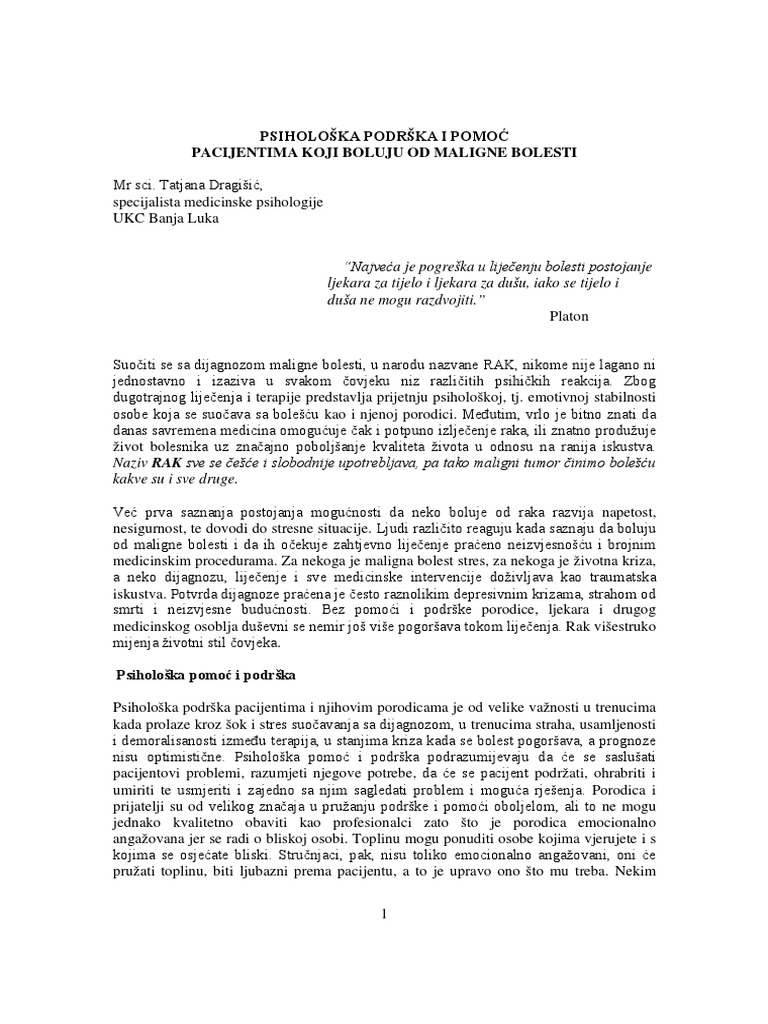 Psiholoska Podrska Kod Malignih Bolesti | PDF