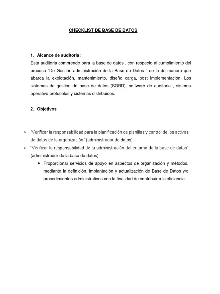 Checklist de Base de Datos | PDF | Bases de datos | Archivo de computadora