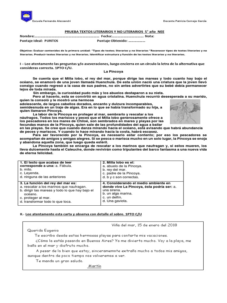 Prueba de Tipos de Textos 5 Año Nee | PDF | Ocio