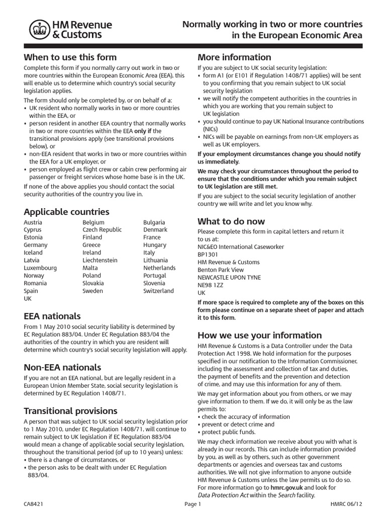 A1 Application Form Multiple EU State | PDF | European Economic Area ...
