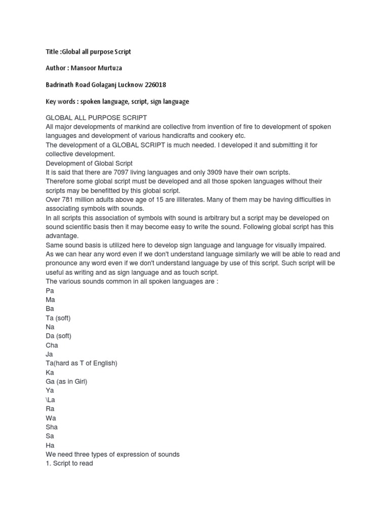 Global All Purpose Script | PDF | Sign Language | Vowel