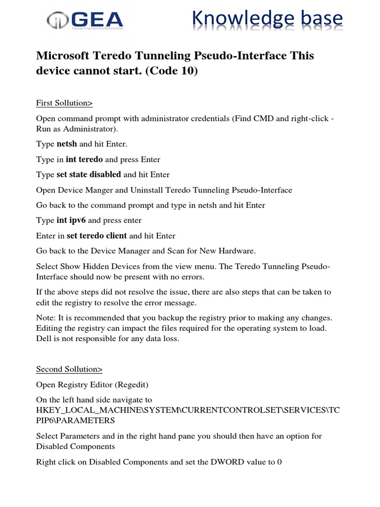 Microsoft Teredo Tunneling Pseudo-Interface This Device Cannot Start ...