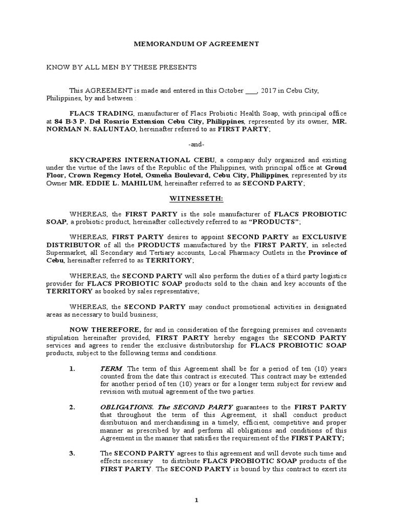 Sample Memorandum of Agreement | PDF | Notary Public | Private Law