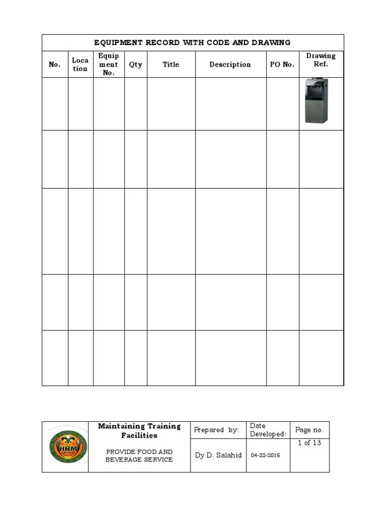 Equipment Record With Code and Drawing: No. Loca Tion Equip Ment No ...