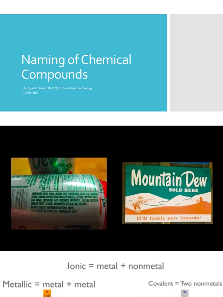 Naming of Chemical Compounds: Mr. Aga M. Gabato III, LPT, M.SC ...