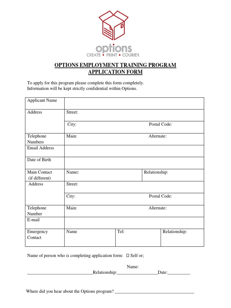 Options Employment Training Program Application Form | PDF