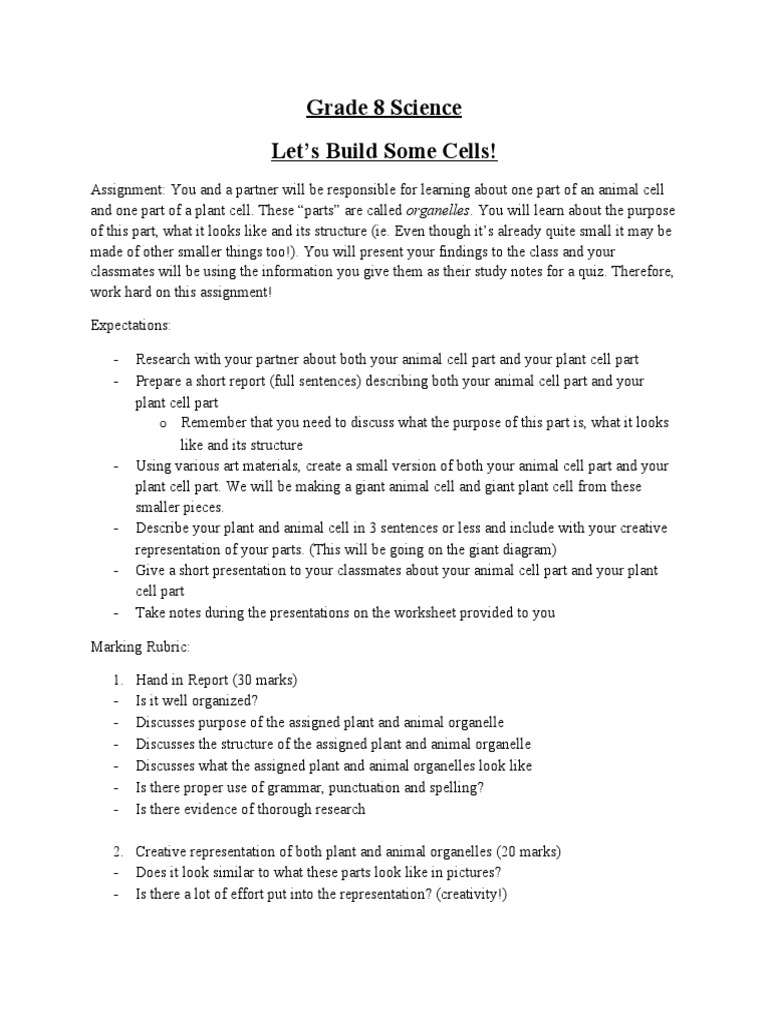 Grade 8 Science Let's Build Some Cells! | PDF | Cytoplasm | Cell (Biology)
