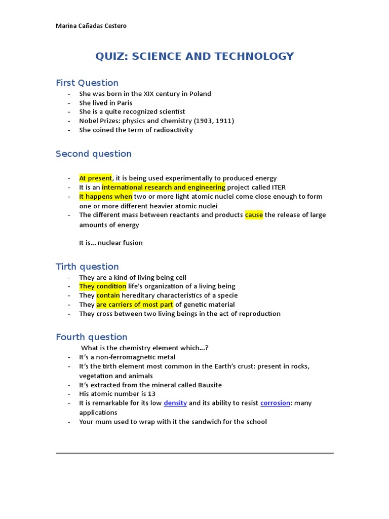 Quiz: Science and Technology: First Question | PDF