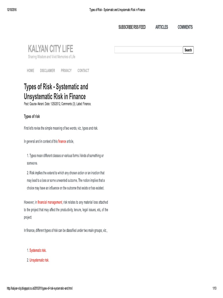 Types of Risk - Systematic and Unsystematic Risk in Finance | PDF