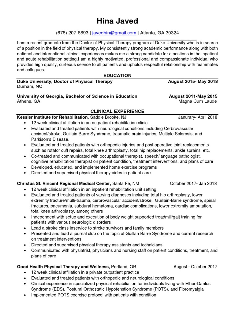 Hina Javed Resume 06 | Download Free PDF | Physical Therapy | Medical ...