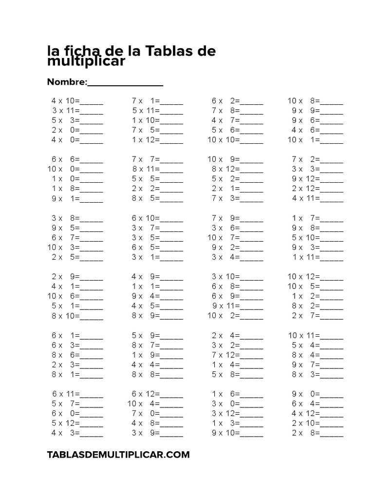 Hojas De Trabajo De Multiplicación De Décimo Grado