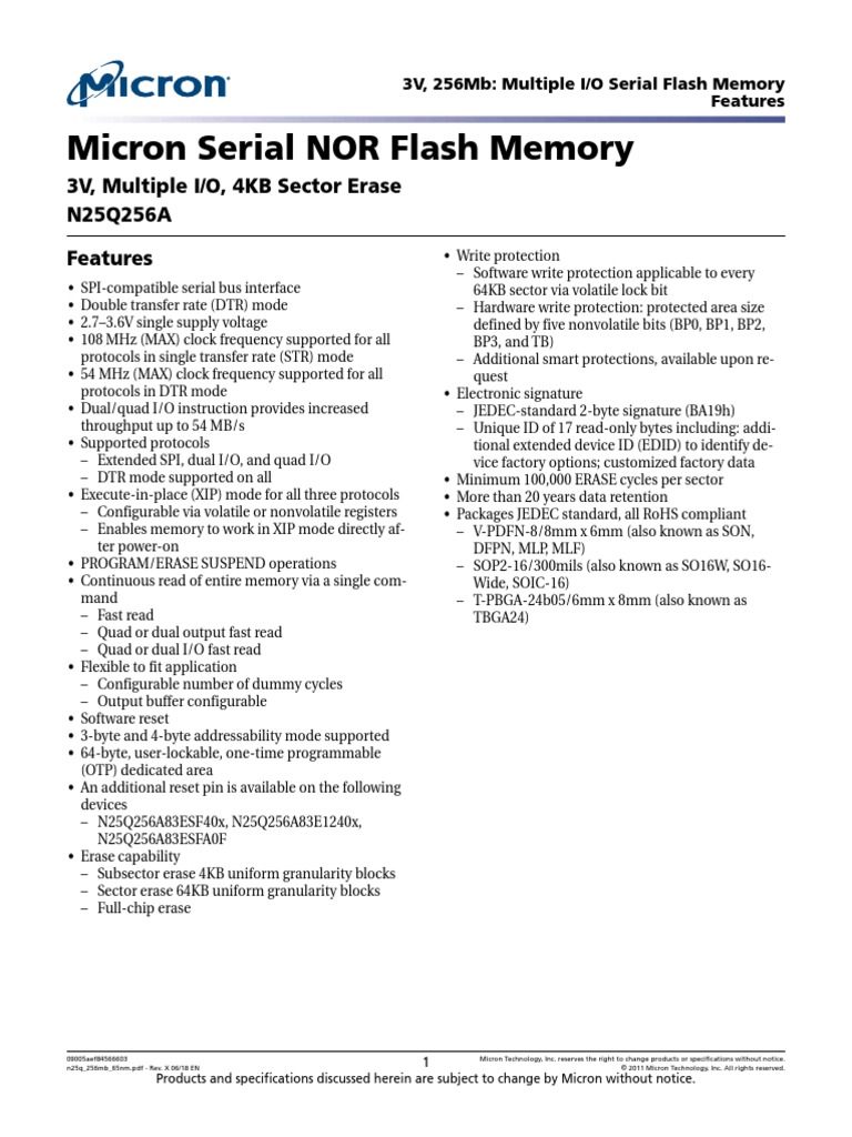 Micron Serial NOR Flash Memory: 3V, Multiple I/O, 4KB Sector Erase N25Q256A Features | PDF ...