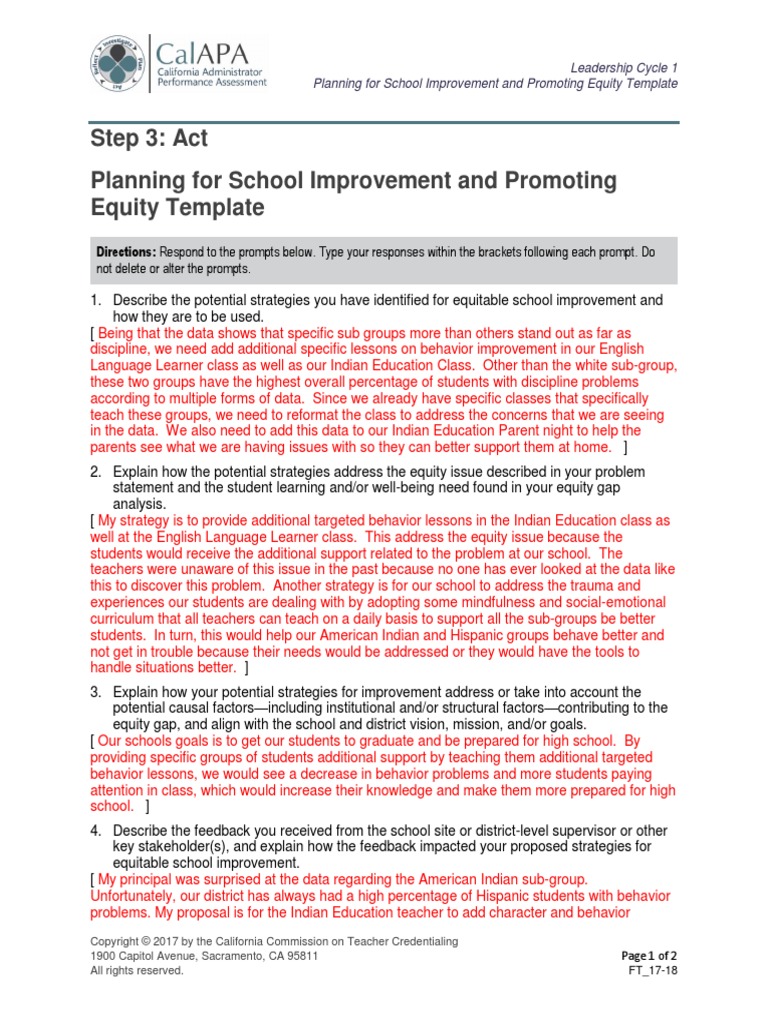 Calapa c1 s3 Planschoolimprovementpromotequity | PDF | Teachers | Behavior