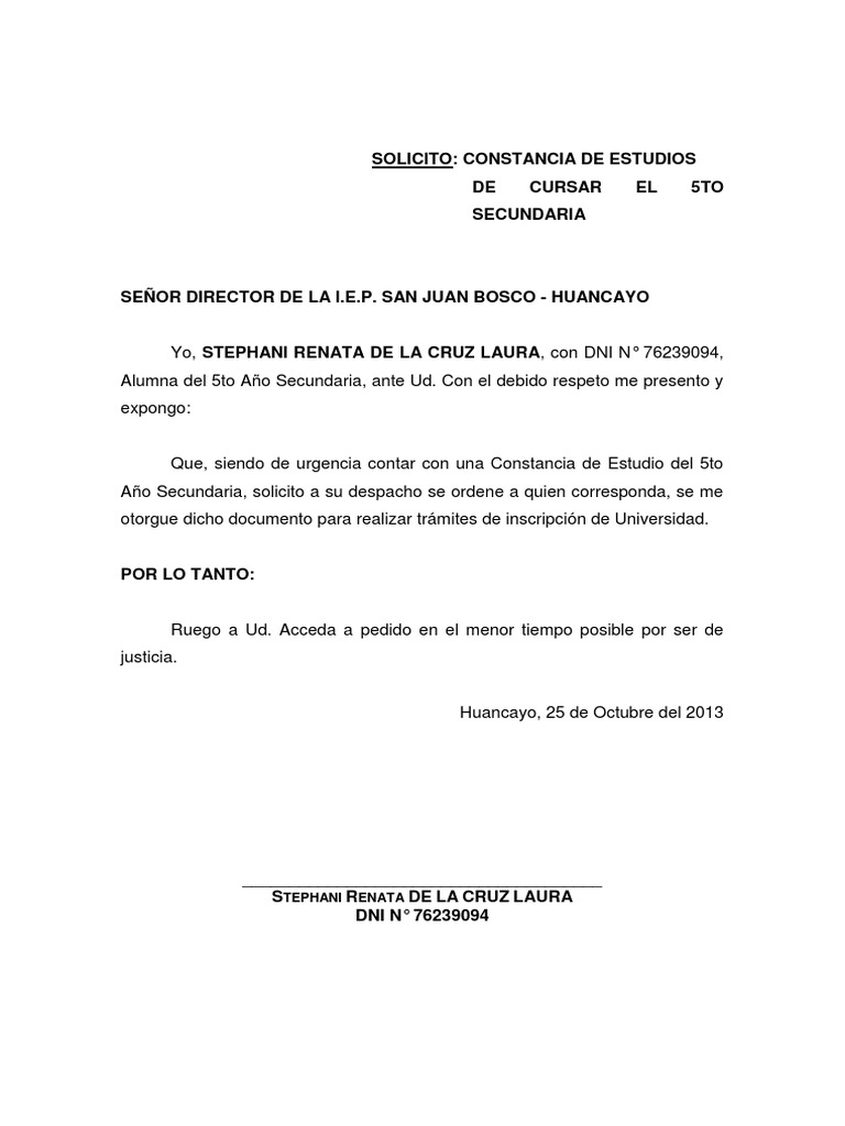 Solicito Constancia de Cursar El 5to Secundaria | PDF