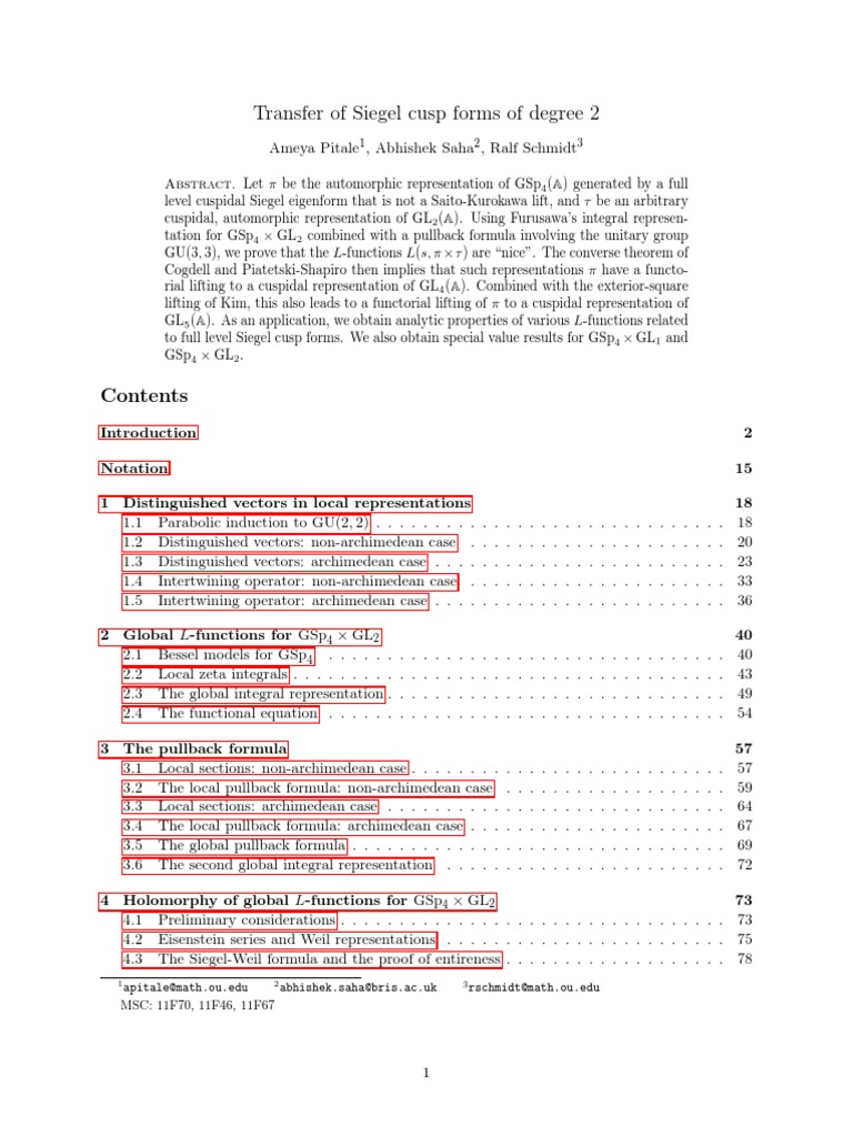2011 A Pitale Et Al Transfer Of Siegel Cusp Forms Of Degree 2 Pdf Pi Group
