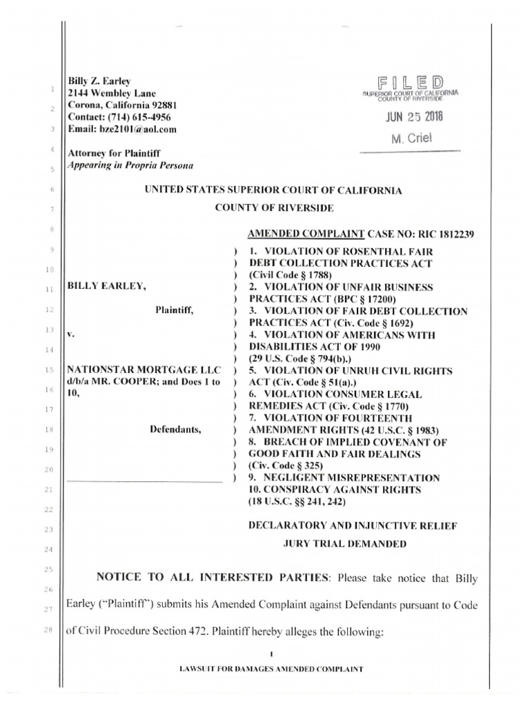 BILLY EARLEY v. NATIONSTAR MORTGAGE LLC D/b/a MR. COOPER | PDF | Civil ...