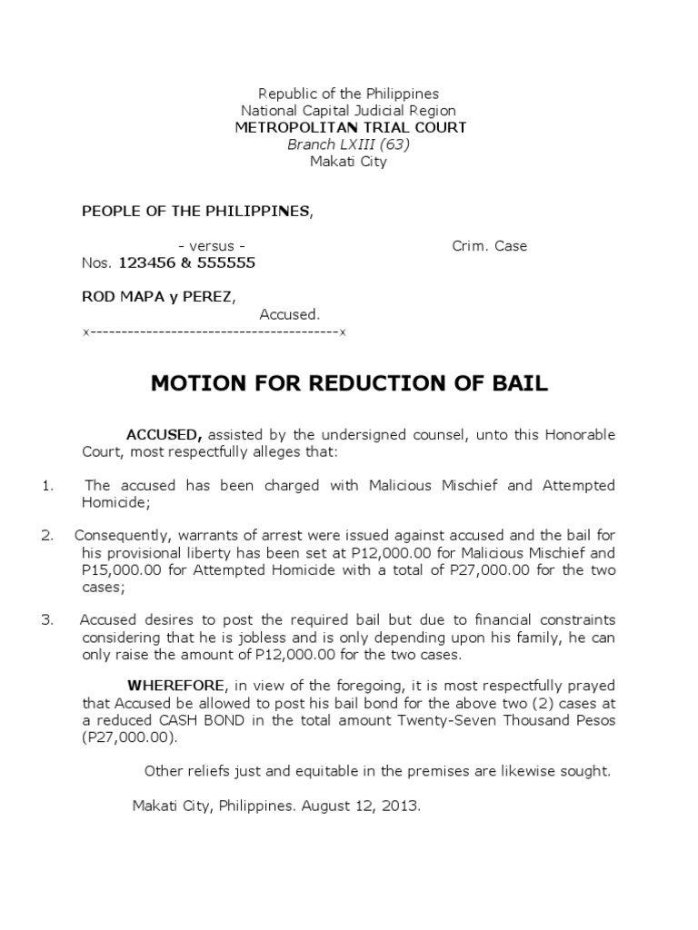 Motion For Reduction of Bail | PDF | Bail | Government Information