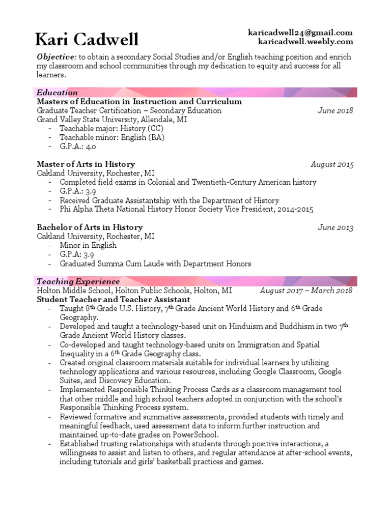 Kari Cadwell Resume Poly - Weebly - June 2018 - Newest | PDF | Schools ...