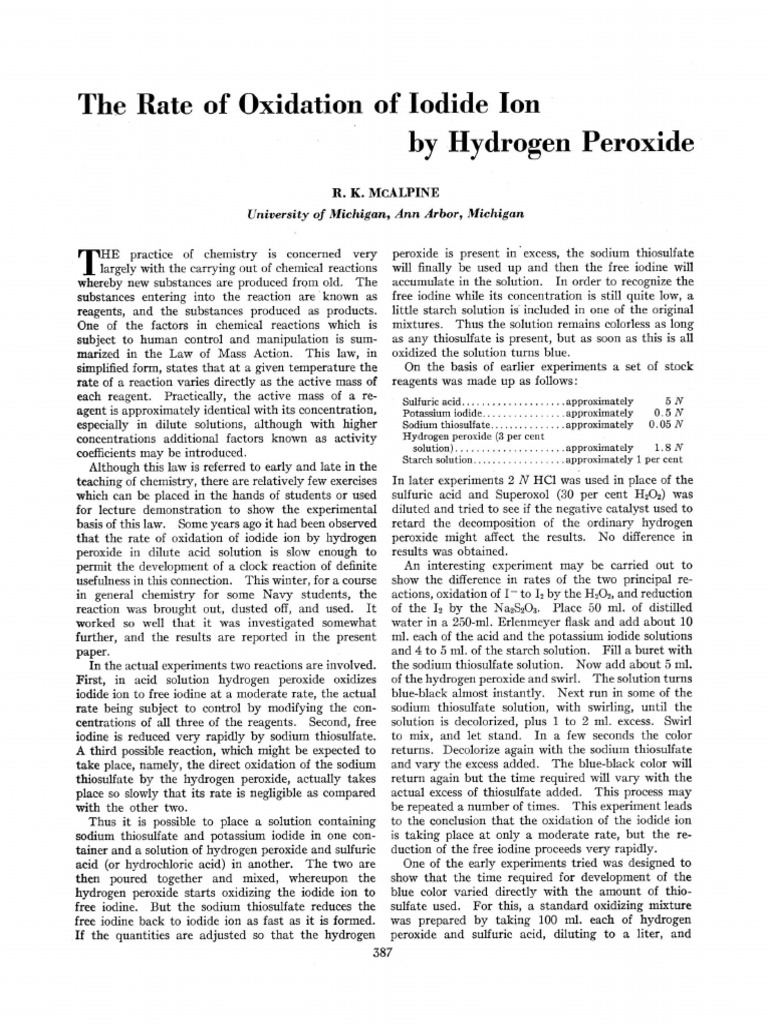 Iodide Oxidation by Hydrogen Peroxide | PDF | Hydrogen Peroxide | Iodine