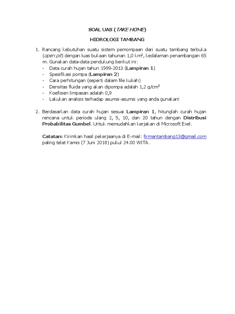 Soal Uas Hidrologi Tambang | PDF | Komputer | Teknologi & Rekayasa