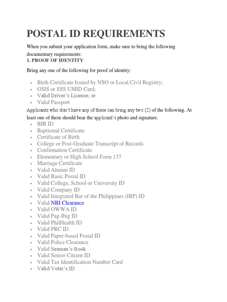 Postal Id Requirements | PDF | Finance & Money Management