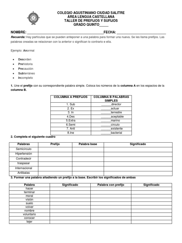 Hojas De Trabajo De Prefijos Y Sufijos De Quinto Grado Prefijos Y