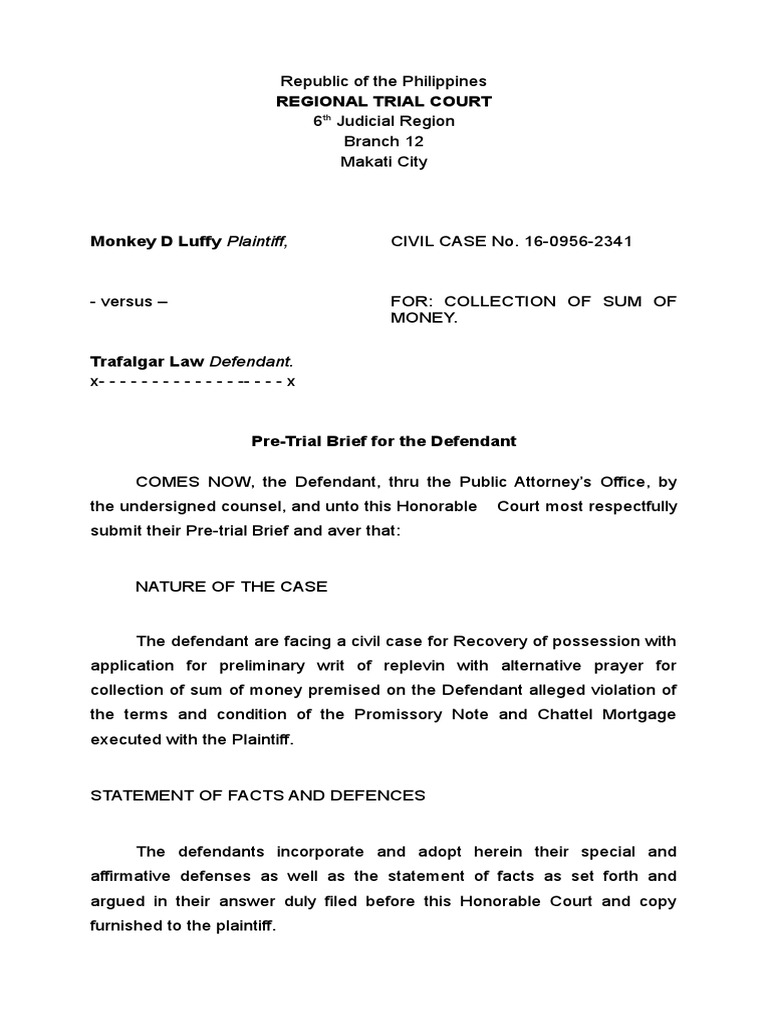Pre-Trial Brief Defendant | PDF | Lawsuit | Virtue