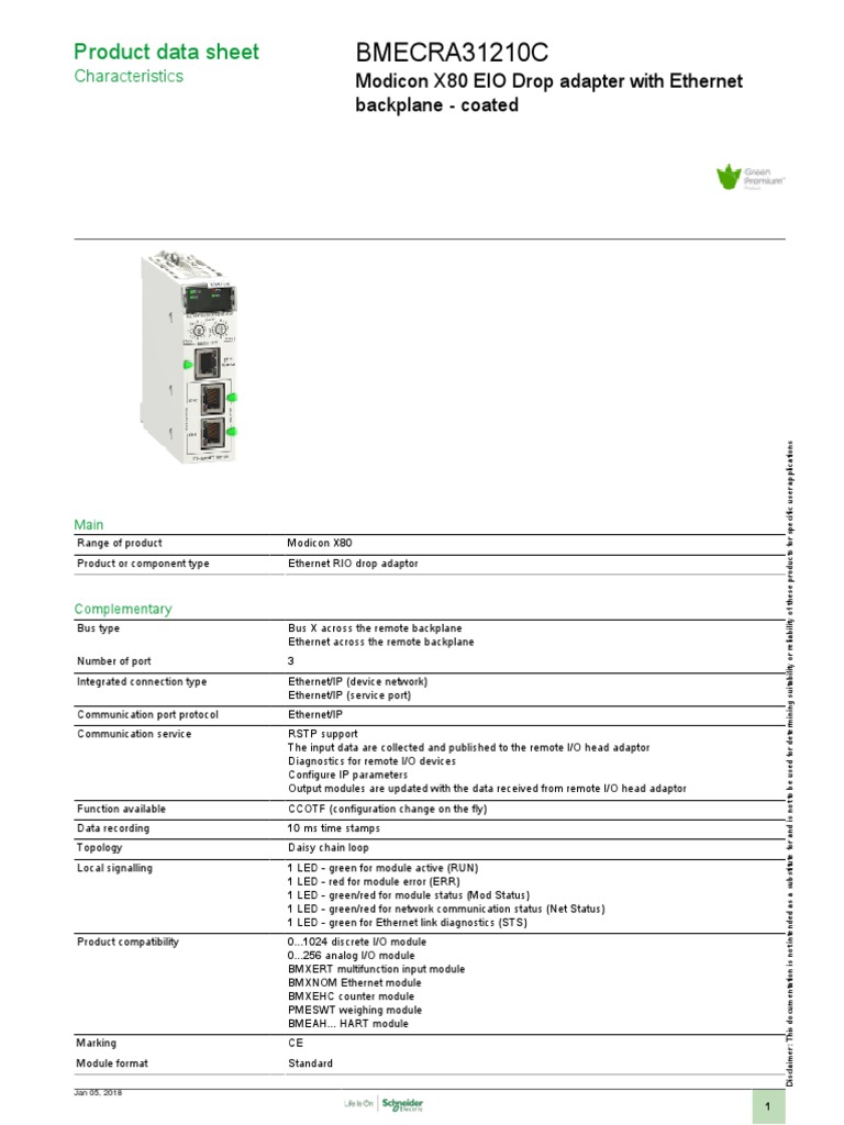 Modicon X80 EIO Drop adapter data sheet | PDF | Ethernet | Network Topology