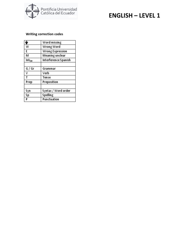 English - Level 1: Writing Correction Codes | PDF