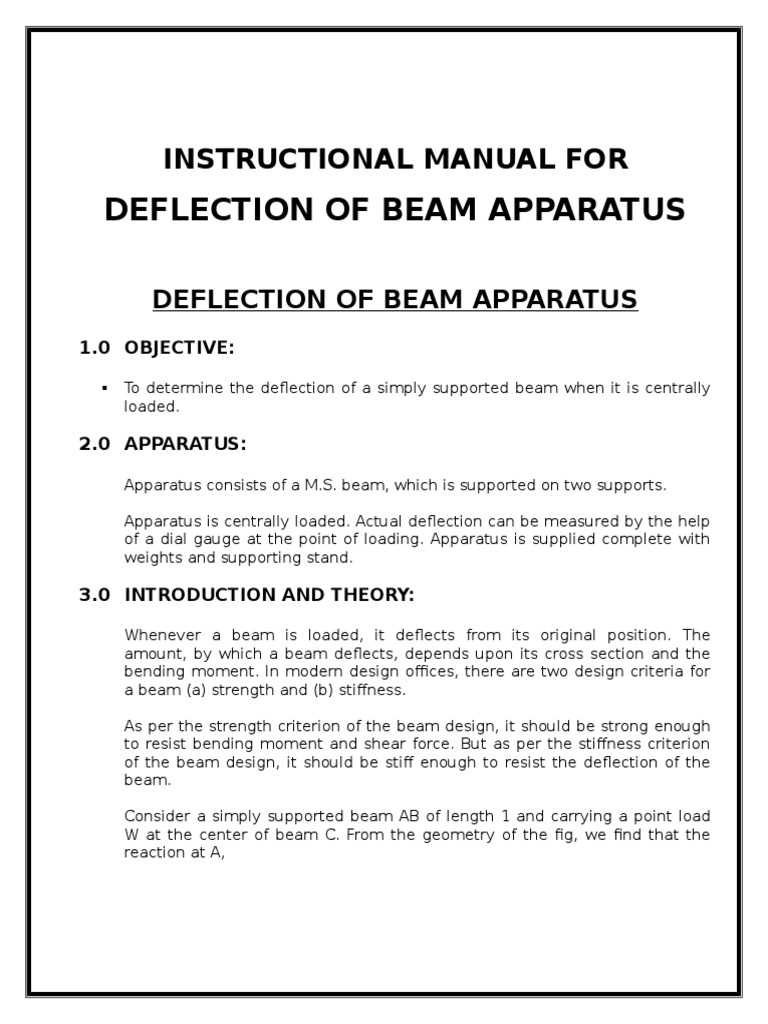 Manual For Deflection of Beam Apparatus | PDF | Beam (Structure) | Bending
