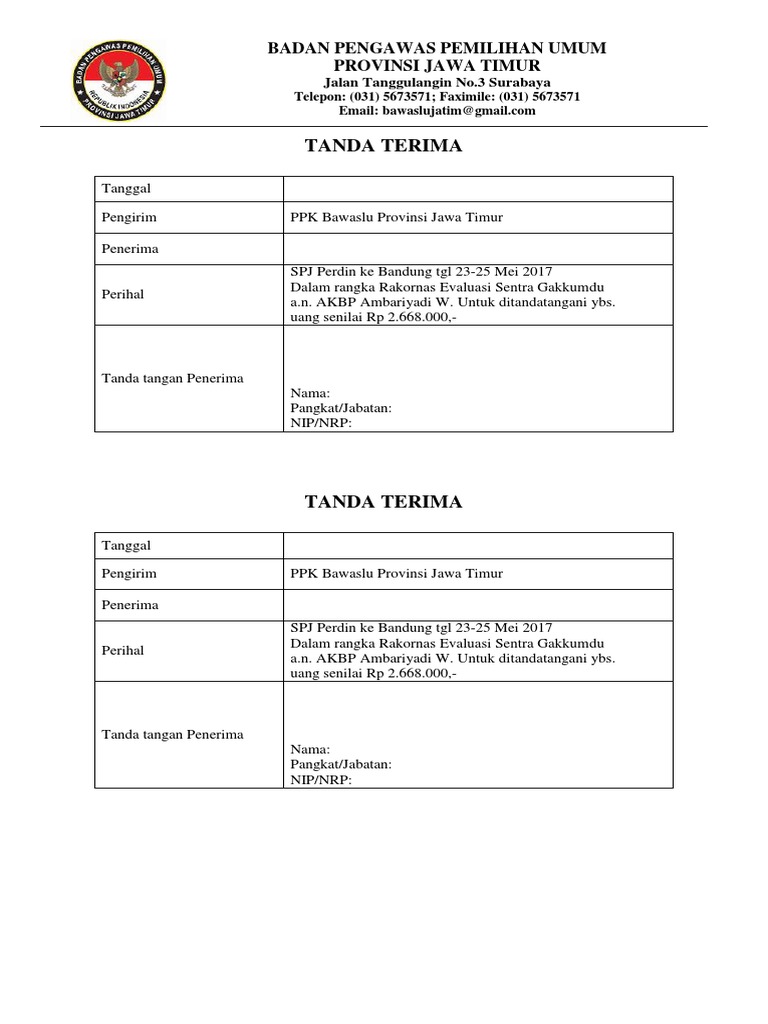 Tanda Terima SPJ Perdin Bawaslu Jatim | PDF