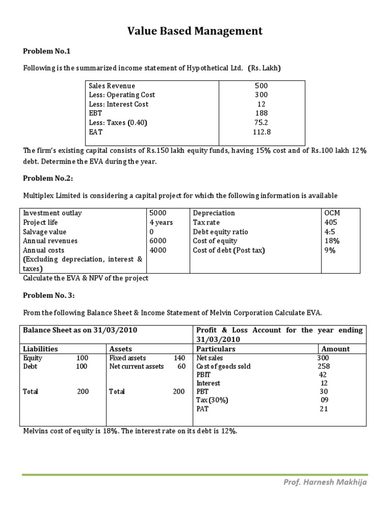 Value Based Management: Problem No.1 | PDF | Depreciation | Equity ...
