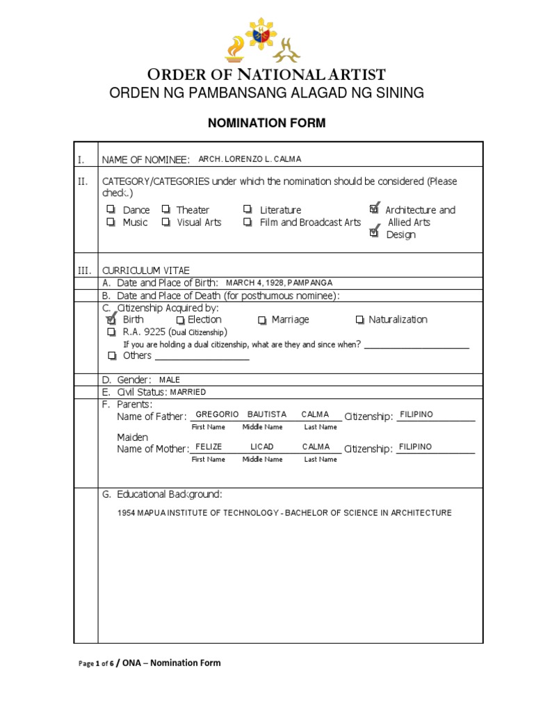 National Artist Nomination Form - Filled Up | PDF