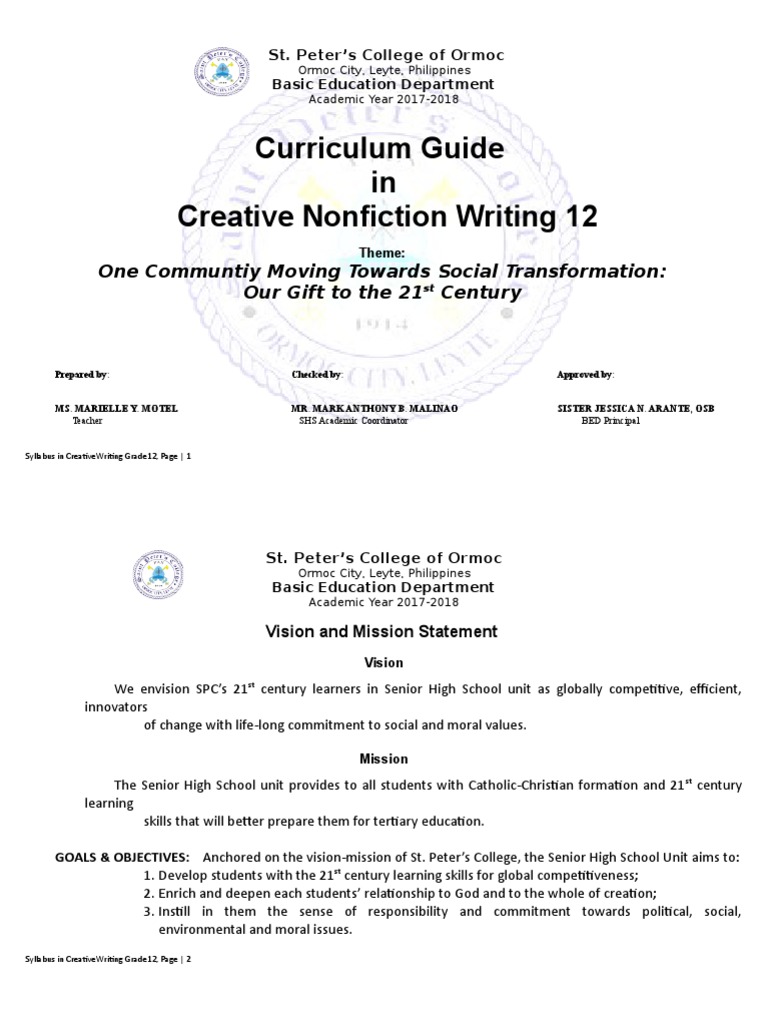 Curriculum Guide in Creative Nonfiction Writing 12 | PDF | Human | Learning