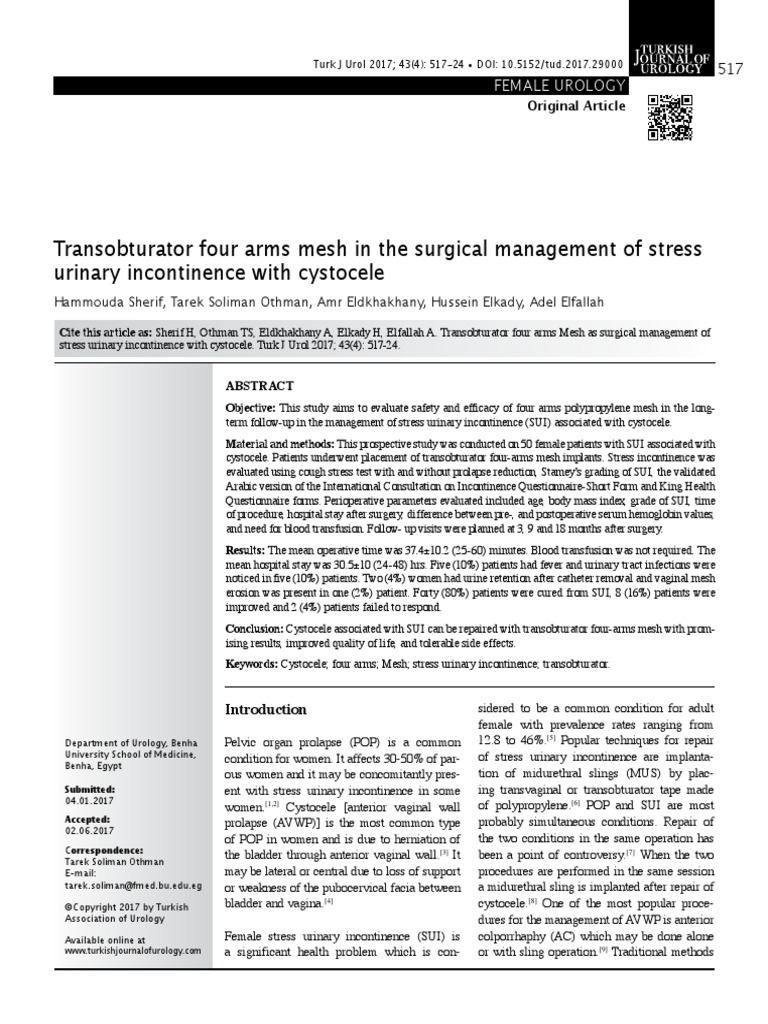 Transobturator Four Arms Mesh in The Surgical Management of Stress ...