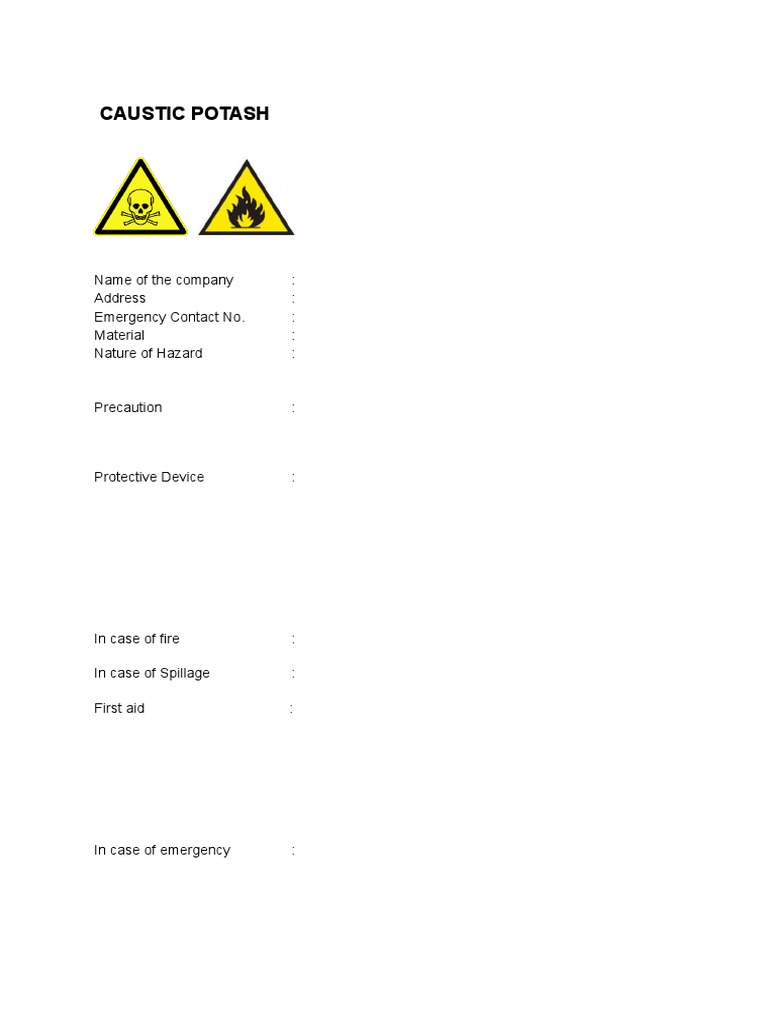 Caustic Potash: Name of The Company: Address: Emergency Contact No ...