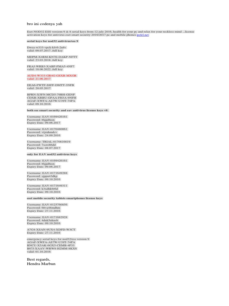 ESET NOD32 & ESS Serial Keys 2016-2017 | PDF | Computers | Technology ...