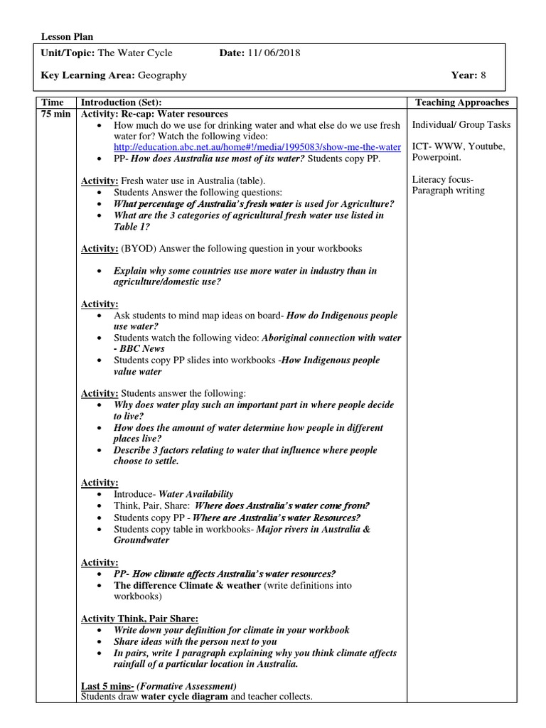 Year 8 Lesson Plan - Water in The World - Water Resources | PDF | Water ...