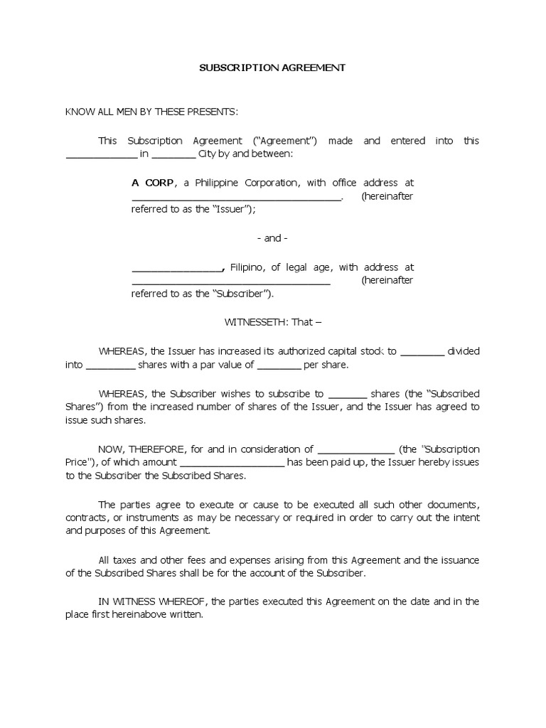 Sample Subscription Agreement | PDF