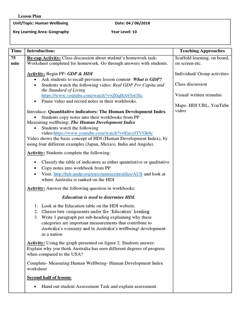 Lesson Plan 6 Year 10 | PDF | Human Development Index | Gross Domestic ...