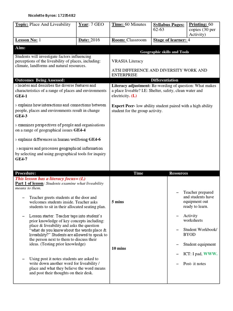 Year 7 Geography: Place & Liveability Lesson | PDF | Teachers | Pedagogy