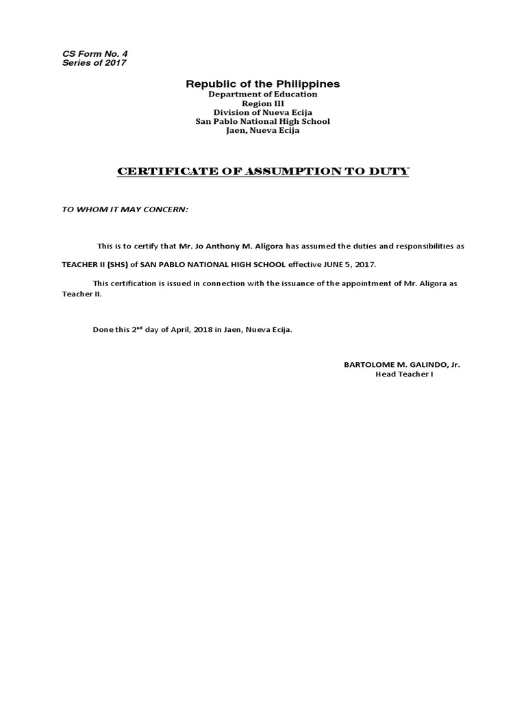 Certificate of Assumption To Duty | PDF | Educational Personnel ...